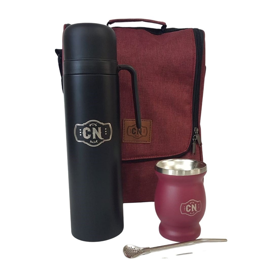 Set Completo Bolso Matero + Mate Acero Inoxidable + Termo 1L + Bombill